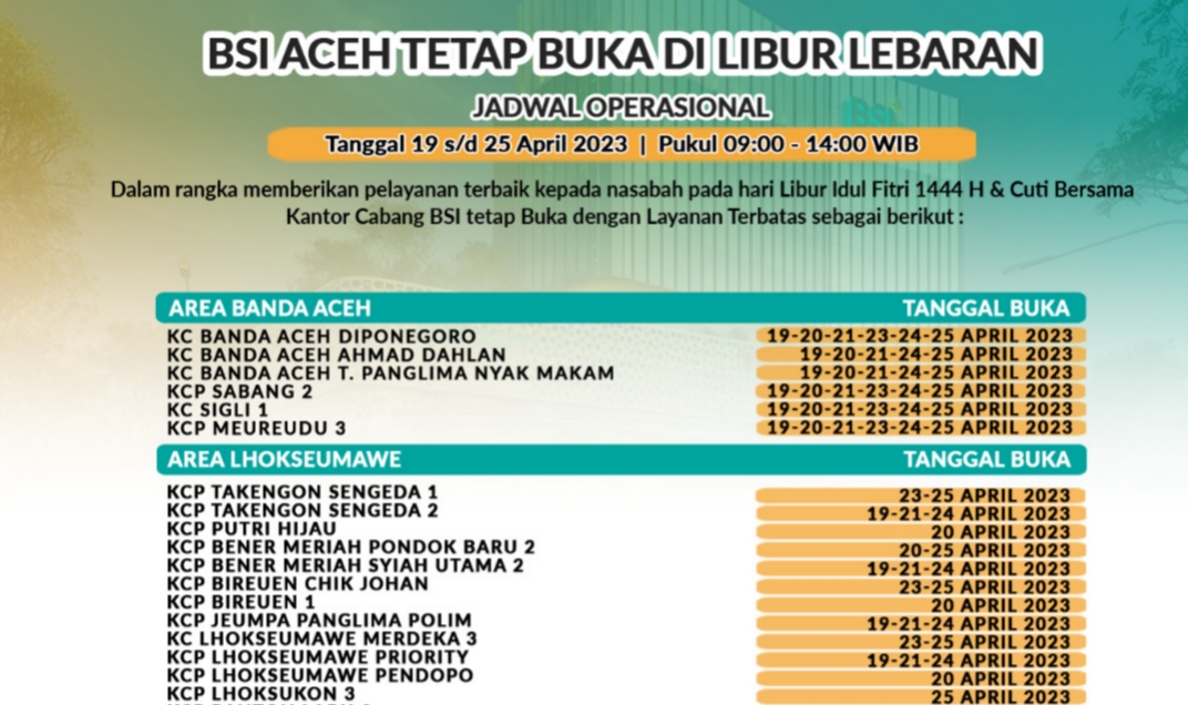Hanya Libur di 1 Syawal, BSI Region Aceh Tetap Buka di 54 Kantor Cabang