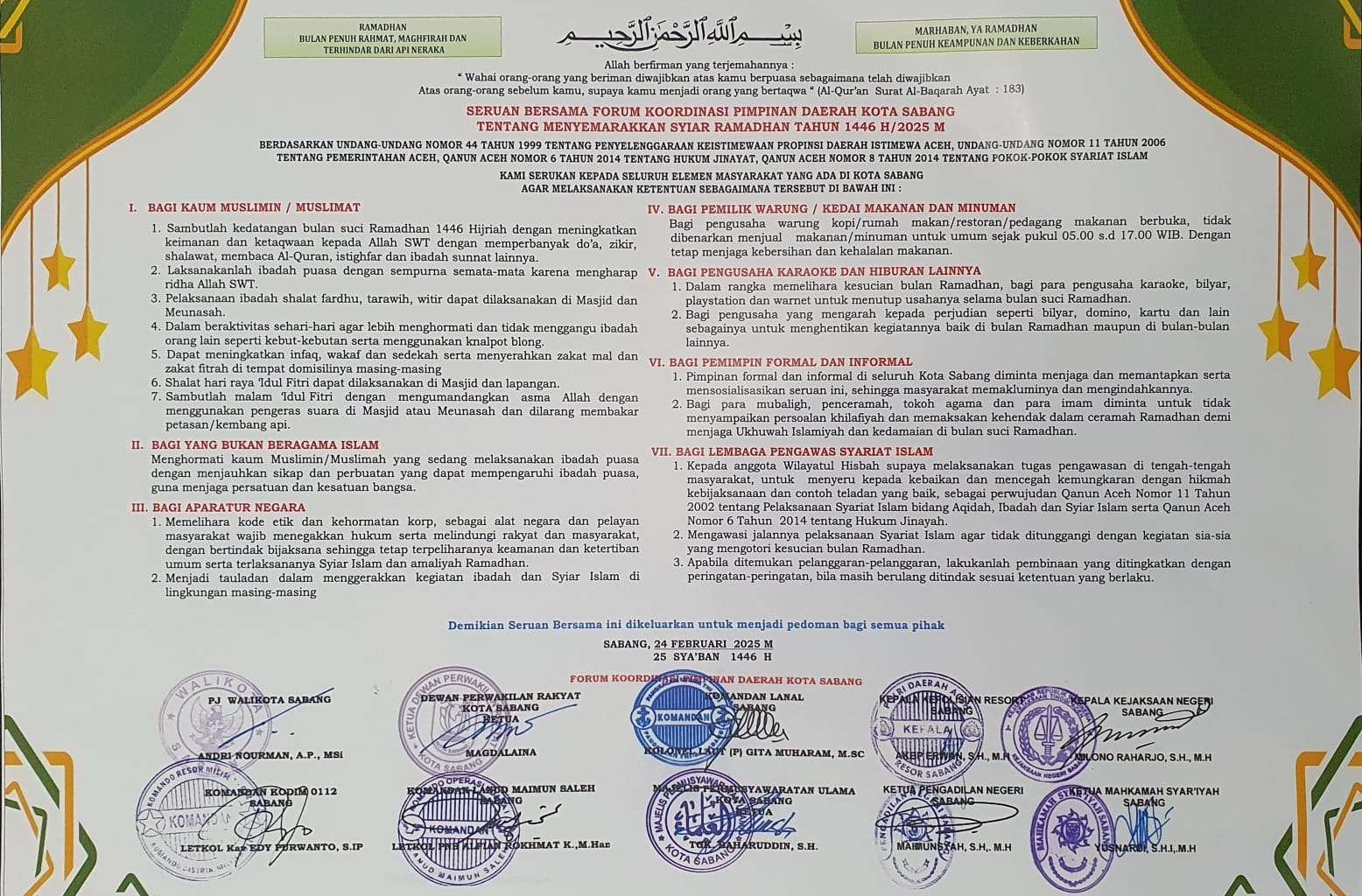 Sambut Ramadhan 1446 Hijriah, Forkopimda Sabang Terbitkan Seruan Bersama, Ini Isinya